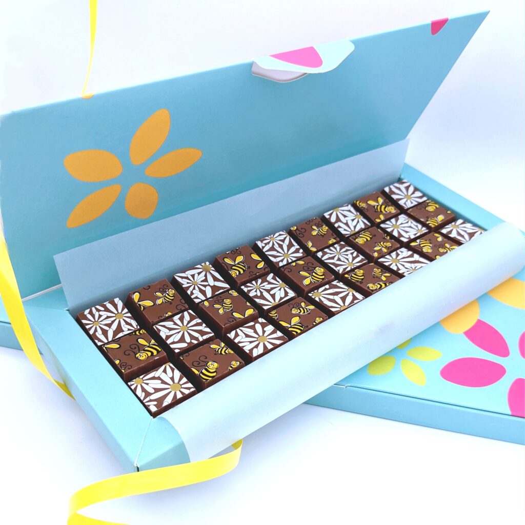 Box Of Mosaic Milk Chocolates With Bees and Daisies - Cocoapod